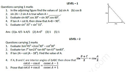 Cbse Class 10 Mathematics Trigonometry Assignment Set A