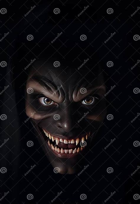A Scary Halloween Face With Teeth And A Black Background Stock