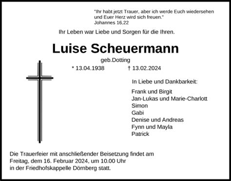 Traueranzeigen Von Luise Scheuermann Trauerhnade