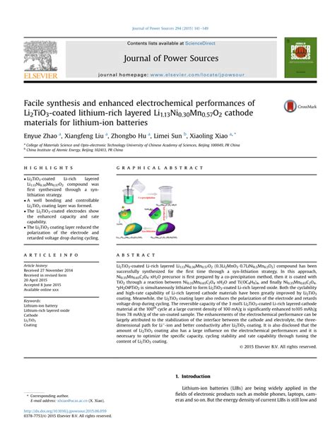 Pdf Facile Synthesis And Enhanced Electrochemical Performances Of Li2tio3 Coated Lithium Rich