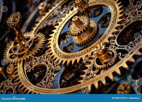 Close Up Of Intricate Gears And Cogs In Clock Mechanism Stock Photo