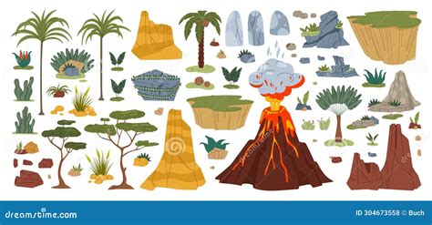 Jungle And Jurassic Dinosaur Era Game Assets Set Stock Illustration