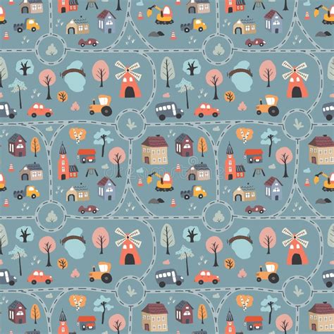 Cute City Map Seamless Pattern Cartoon Town Landscape Background