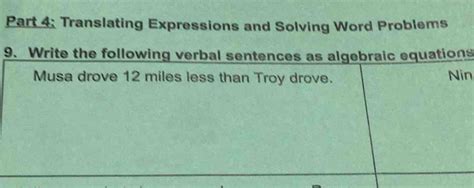 solved part 4 translating expressions and solving word problems 9 write the following verbal