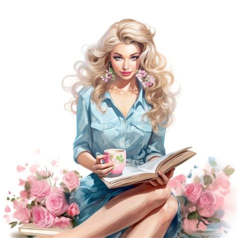 Premium Photo Pin Up Barbie Look Girl Blonde With Coffee And Book