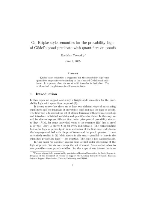 Pdf On Kripke Style Semantics For The Provability Logic Of Gödels Proof Predicate With