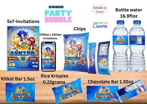 Sonic Birthday Party Bundle Sonic Chip Bags Rice Krispies Water Bottles Kit Kat Wrapper