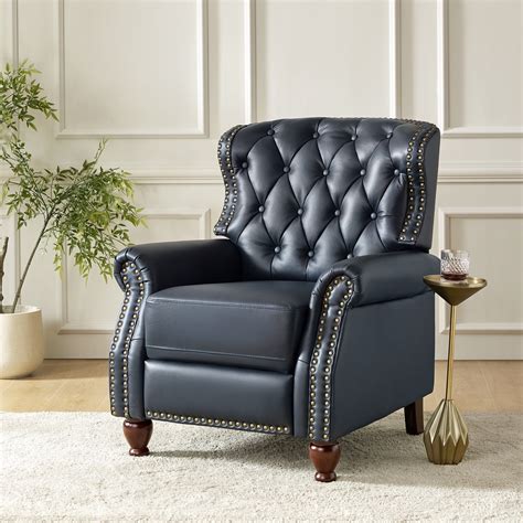 Traditional Genuine Leather Push Back Wingback Recliner Chair Tufted With Nailhead Trims And