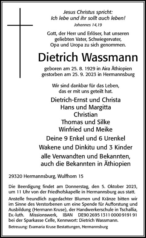 Traueranzeigen Von Dietrich Wassmann Trauerportal Der Celleschen Zeitung