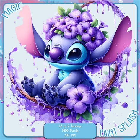 Stitch With Purple Flowers Png Watercolor Clipart Image Digital