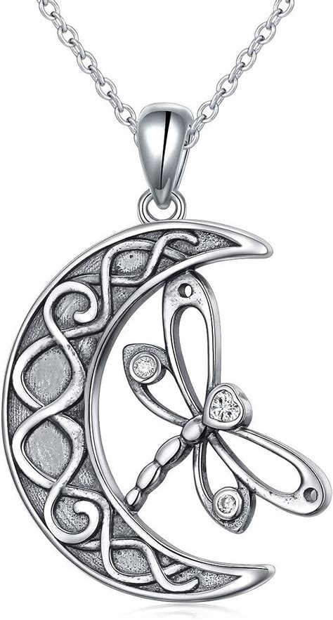 Sterling Silver Dragonfly Moon Necklace Pendant For Women Celtic