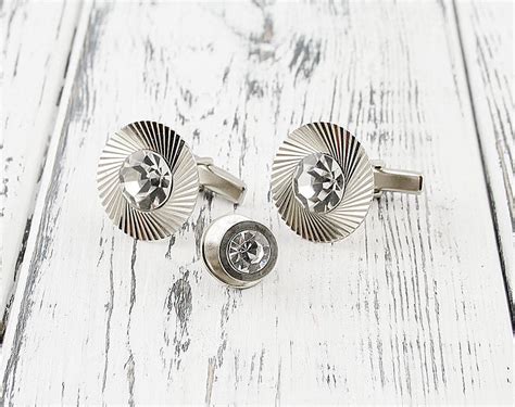 Vintage Cuff Links Tie Pin Silver Cuff Links Groomsmen Cuff Links Tie