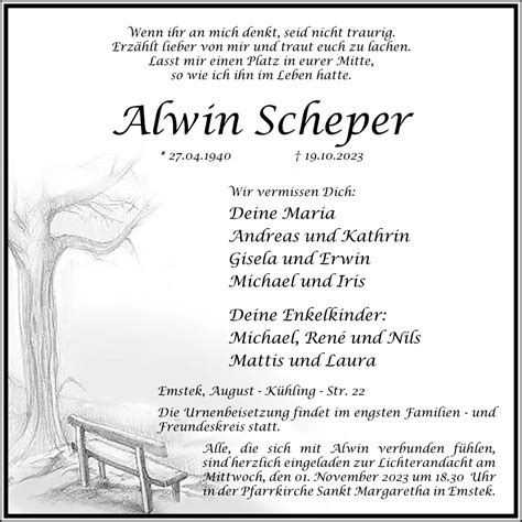 Traueranzeigen Von Alwin Scheper Om Trauerde