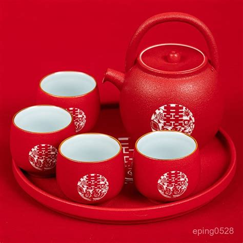 結婚 訂婚 改口杯 奉茶 婚宴 喜 紅色 結婚慶敬茶杯中式訂婚改口紅色新娘陪嫁茶壺託盤功夫茶具套裝禮盒 7w6l 蝦皮購物