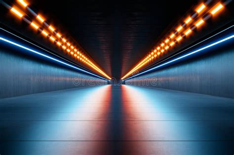 Captivating Underground Tunnel With Vibrant Blue And Orange Lights Illuminating Walls Creating