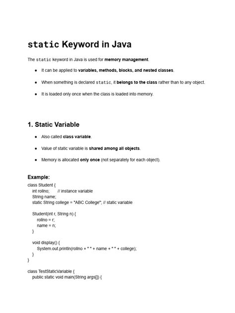 Static Keyword In Java Pdf Class Computer Programming Method