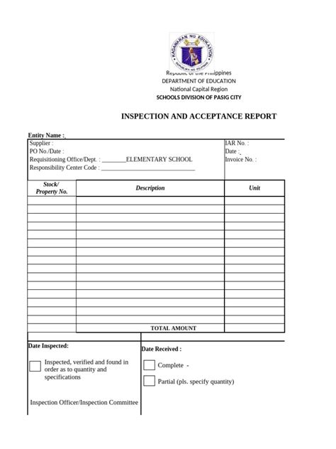Inspection And Acceptance Report Template Pdf