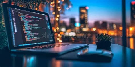 Programmer Writing Code On Laptop In Modern Workspace Focused On