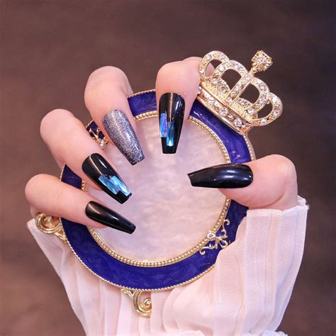 Trendy Glossy Black Shiny Crtstals Long Coffin Press On Nails Fall Witchy Bling Fake False