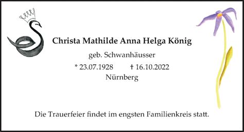 Traueranzeigen Von Christa Mathilde Anna Helga König Trauer Nn De