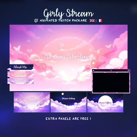 Girly Stream Package Pink Sky Overlay Animated Twitch Scenes 2024