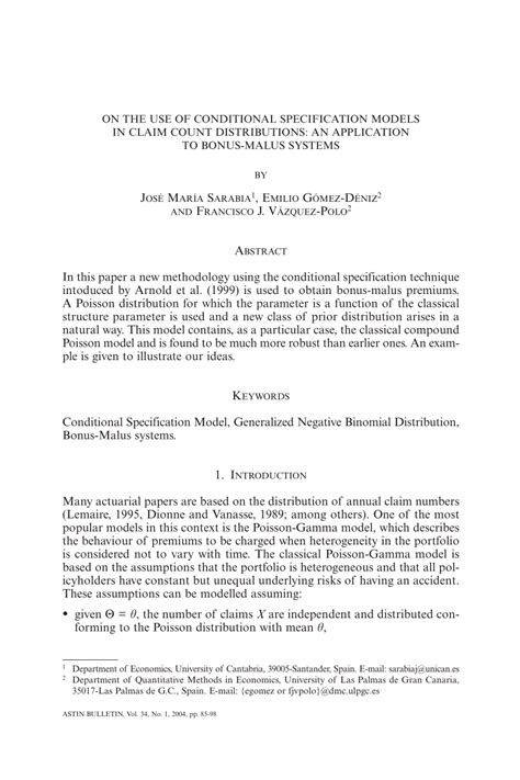 Pdf On The Use Of Conditional Specification Models In Claim Count