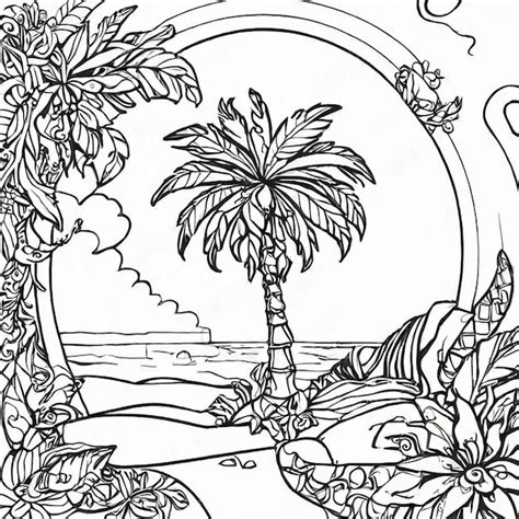 Stylized Palm Tree Graphic With Large Sun Curved Trunk And Detailed