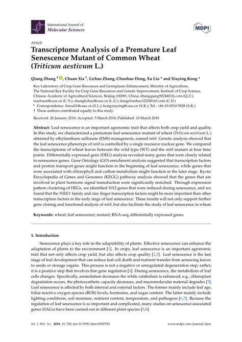 Pdf Transcriptome Analysis Of A Premature Leaf Senescence Mutant Of Common Wheat Triticum