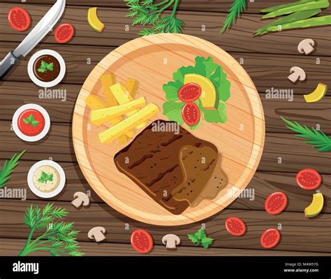 Steak And Fries On Round Board Illustration Stock Vector Image And Art