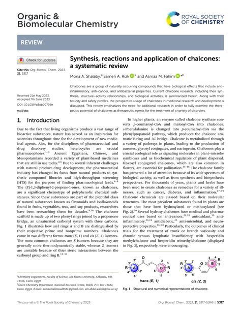 Pdf Synthesis Reactions And Application Of Chalcones A Systematic Review