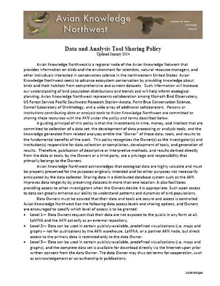 Data Sharing Policy Avian Knowledge Northwest