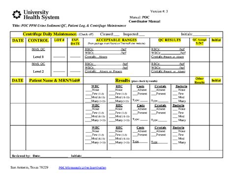 Poc Ppm Urine Sediment Qc Patient Log And Centrifuge Maintenance 6 16 Version 3 Manual Poc