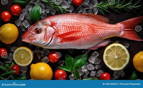 Top View Of Fresh Snapper Preparation With Lemon And Vegetables On Ice