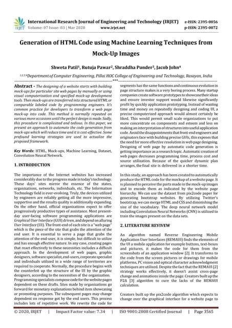 Irjet Generation Of Html Code Using Machine Learning Techniques From Mock Up Images Pdf Web