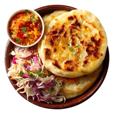Overhead Shot Of Pupusas With Curtido And Salsa Roja In A Brown Ceramic