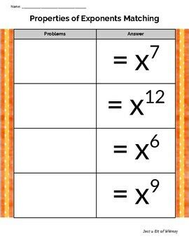 Properties Of Exponents Matching Activity By A Bit Of Whimsy TPT