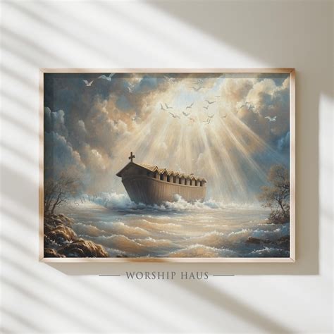 Noahs Ark Under Heavenly Light Christian Painting Powerful Flood Scene