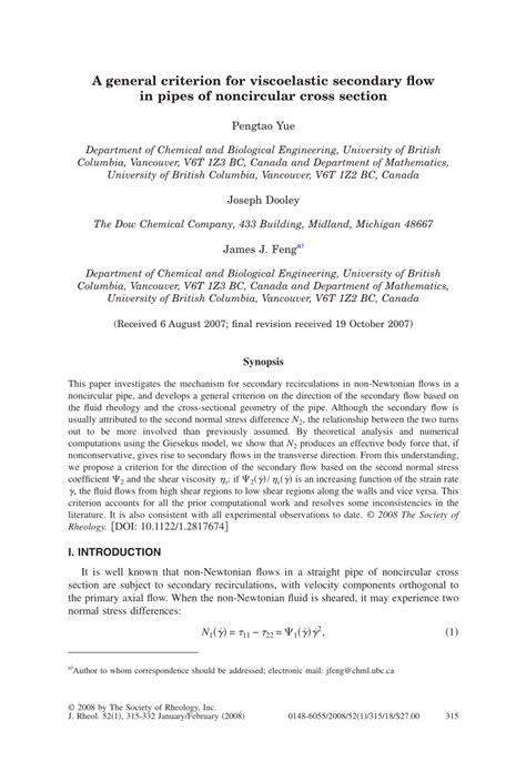 Pdf A General Criterion For Viscoelastic Secondary Flow In Pipes Of
