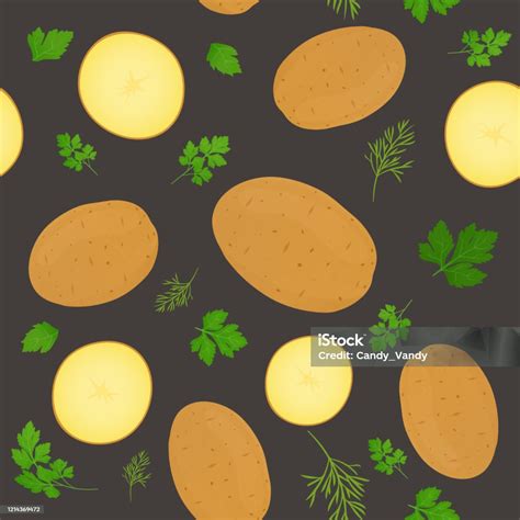 어두운 배경에 고립 된 전체 감자와 감자 조각 파슬리 잎을 가진 껍질을 벗기지 않은 감자 덩이줄기 벡터 그림입니다 매끄러운 패턴 갈색에 대한 스톡 벡터 아트 및 기타 이미지