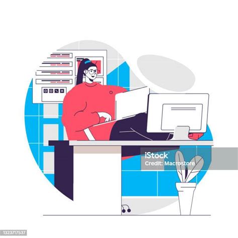 Devops 웹 개념 여성 프로그램 코드를 쓰고 사무실에서 작동합니다 개발 운영 인력 현장 플랫 문자는 웹 사이트에 대한 디자인 소셜 미디어 홍보 자료에 대한 벡터