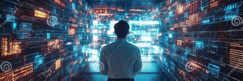 cybersecurity expert analyzes glowing encrypted codes in a virtual data space at night