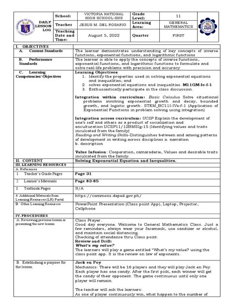 Daily Lesson Log In Exponential Functions Pdf Equations Learning
