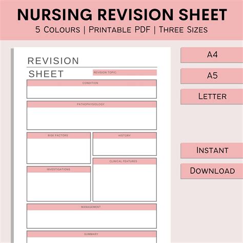 Nursing Revision Sheet Printable Nursing Template Condition Summary
