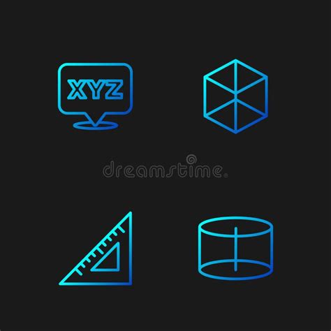 Set Line Geometric Figure Cylinder Triangular Ruler Xyz Coordinate System And Cube Gradient