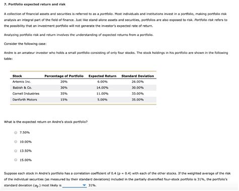Solved 7 Portfolio Expected Return And Risk A Collection Of