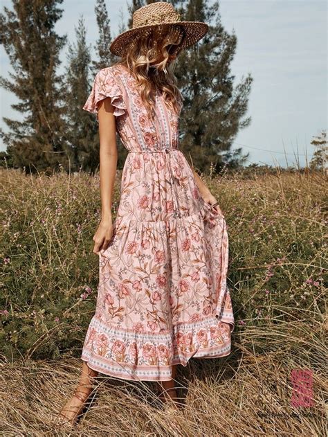 Floral Flutter Sleeve Tiered Midi Dress Pink Xl Lange Kleider