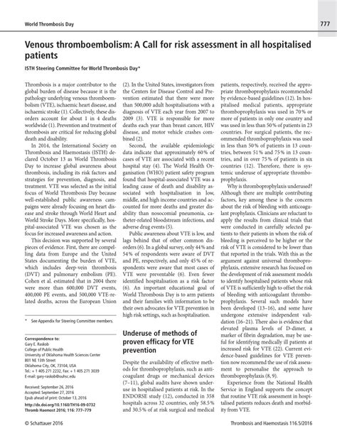 Pdf Venous Thromboembolism A Call For Risk Assessment In All Hospitalised Patients