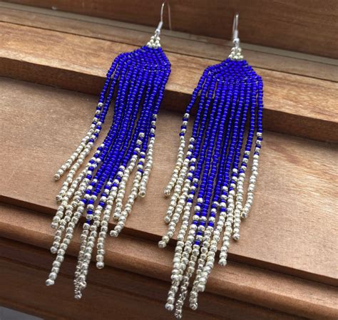 Royal Blue And Silver Beaded Fringe Earrings Etsy
