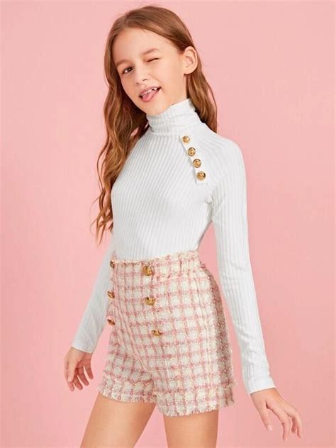 Girls High Neck Button Detail Top And Grid Tweed Shorts Set In 2020