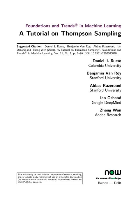 A Tutorial On Thompson Sampling Foundations And Trends ©r In Machine Learning A Tutorial On